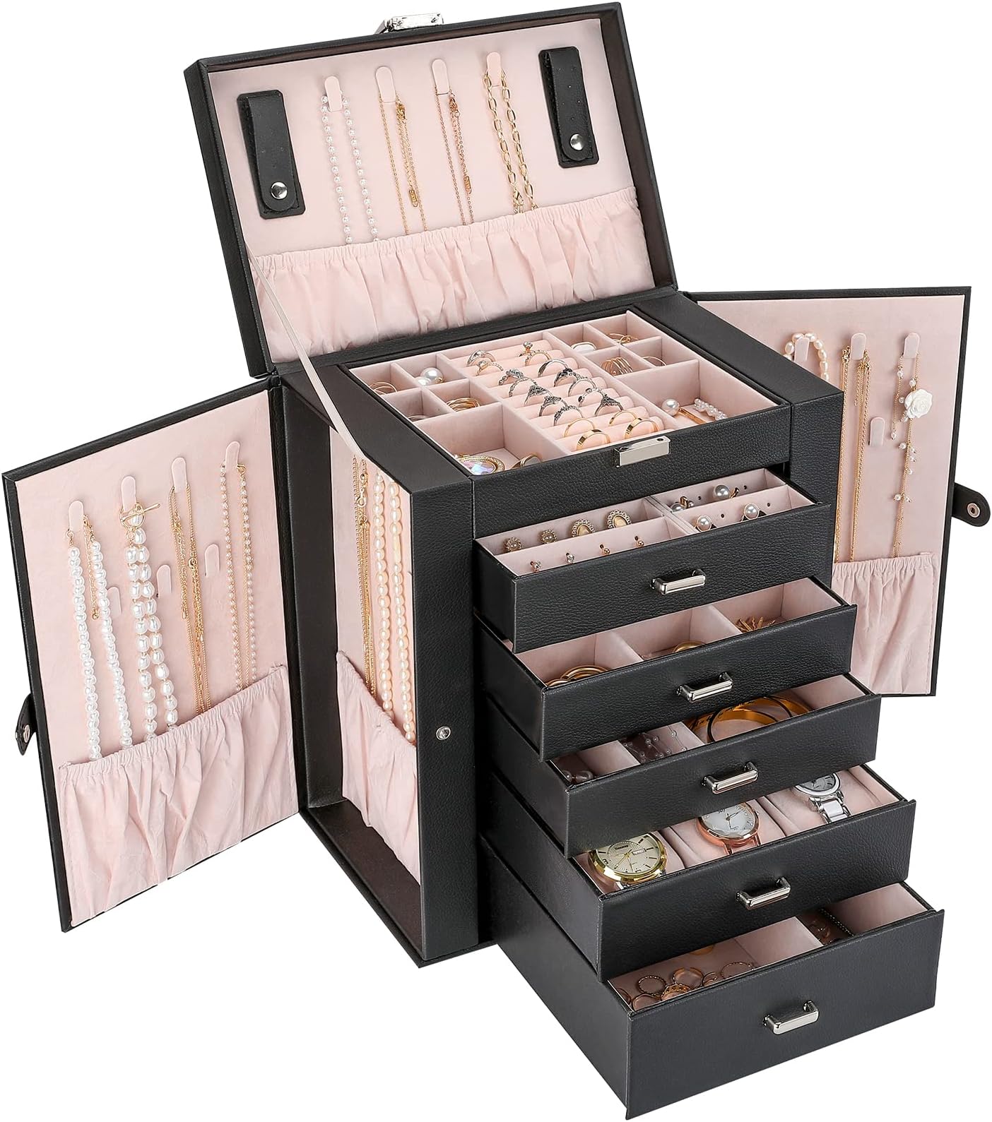 Large Wooden Jewellery Box Armoire Earrling Bracelet Organizer 6 Layers ...