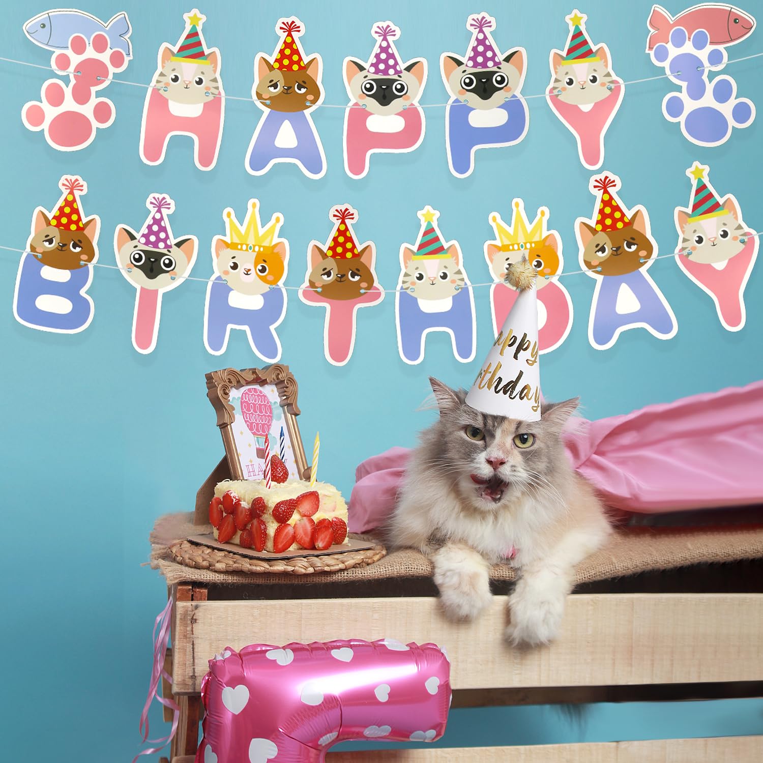 Happy Birthday Banner Huakaile Cat Birthday Decorations - Banner & Cake ...