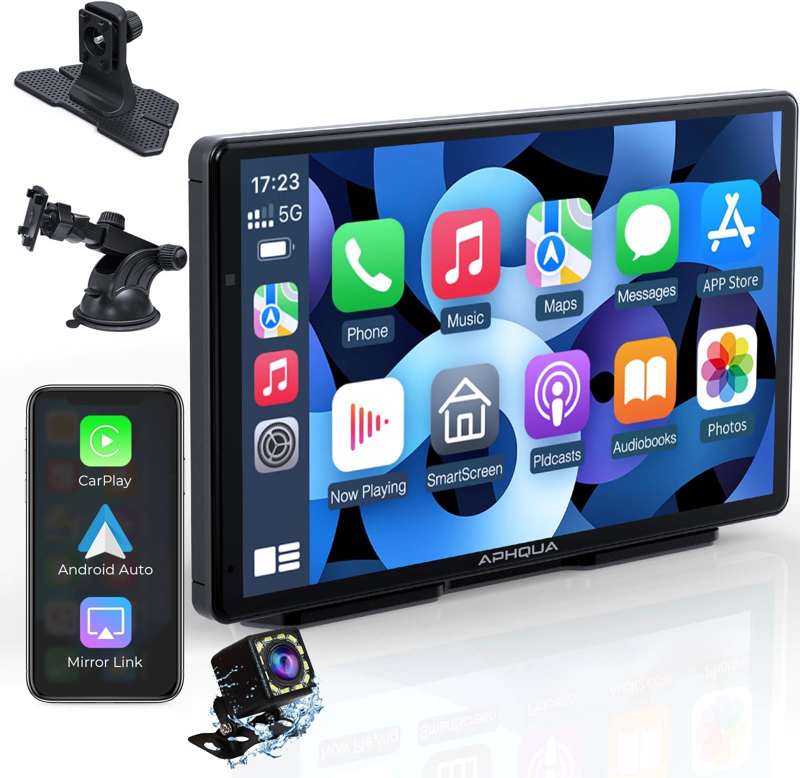 APHQUA Carplay Screen for Car, 9'' Wireless App-le Carplay & Android ...