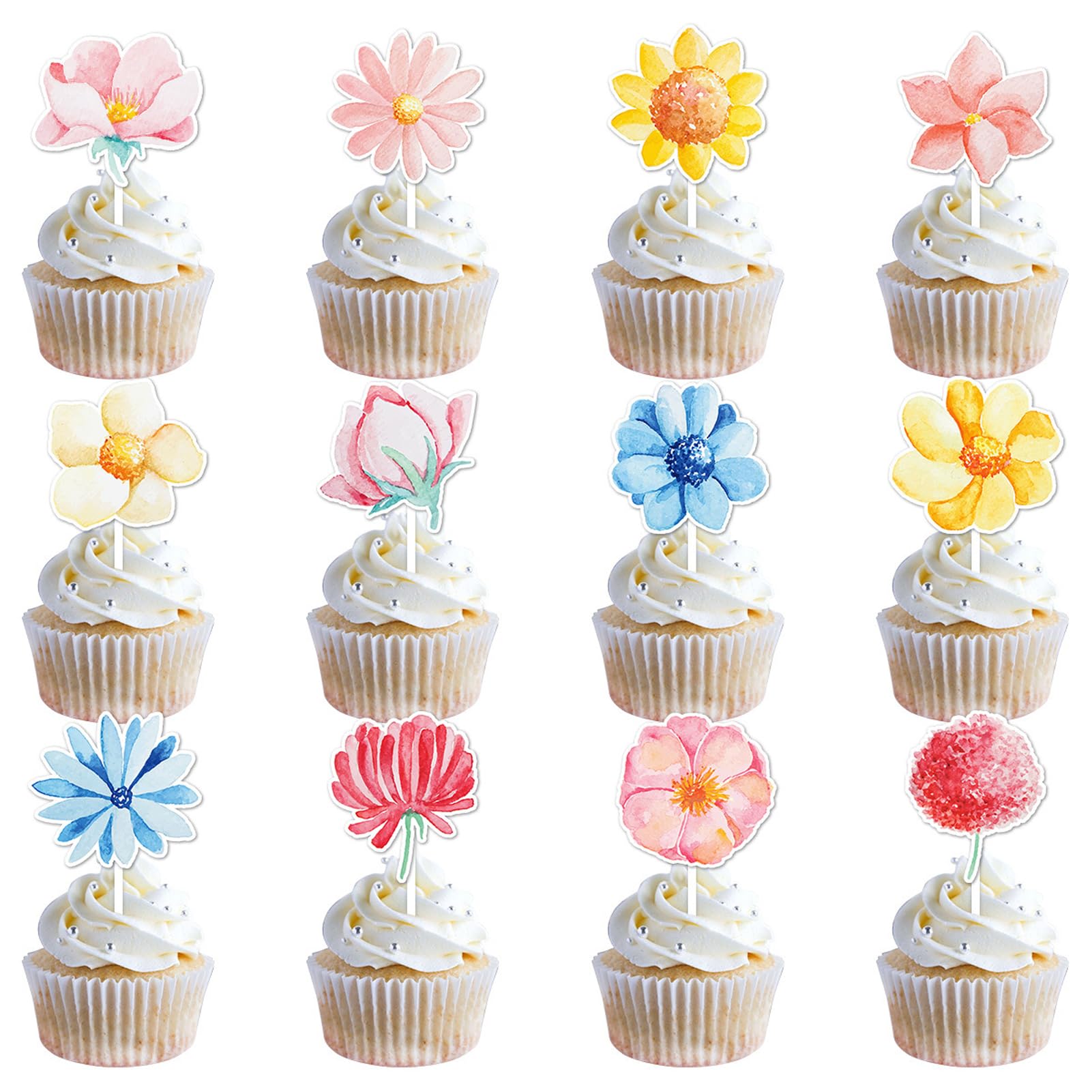 Amazon.com: Flower Cupcake Toppers Daisy Cupcake Toppers Sunflower Cake ...