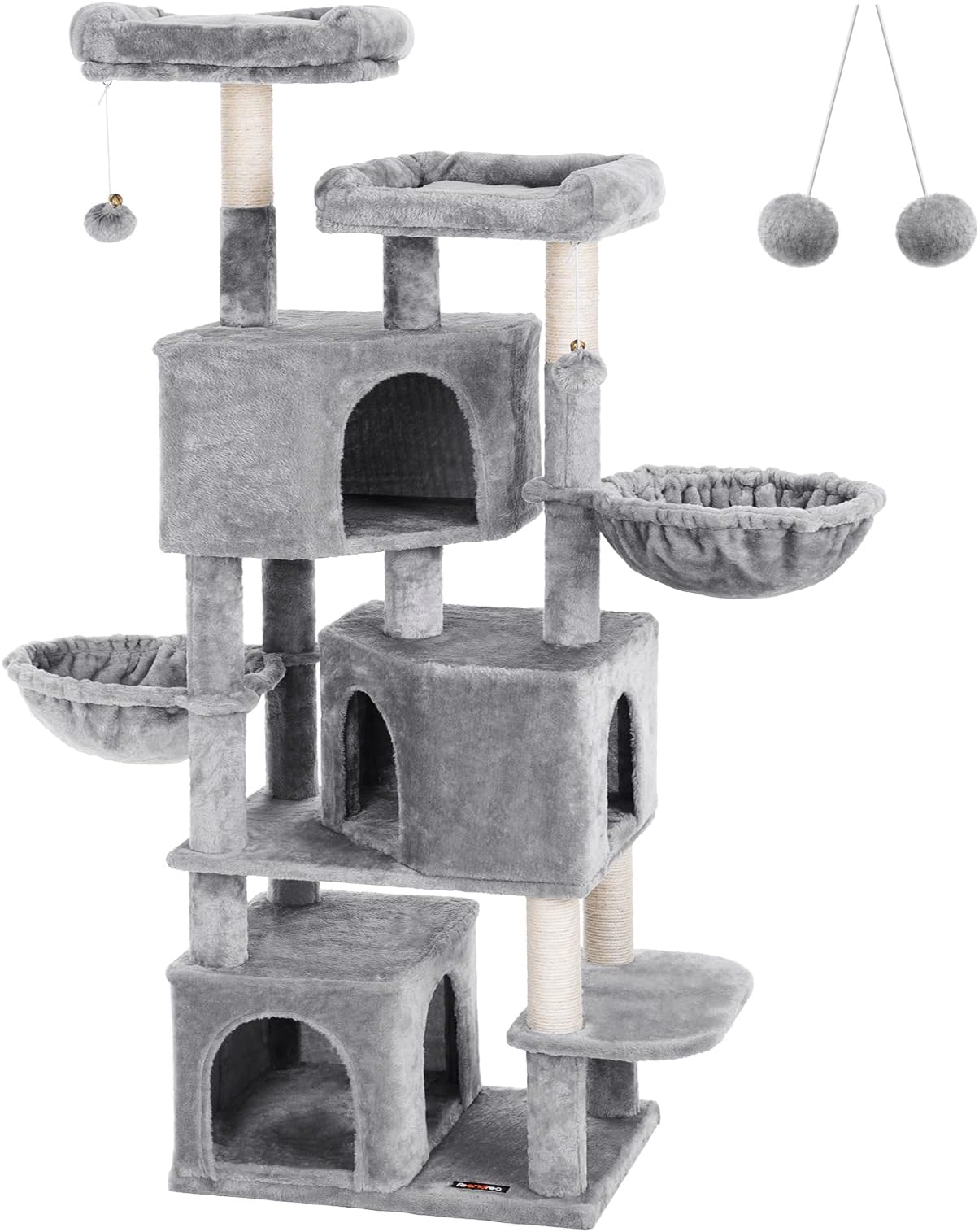 FEANDREA Large Cat Tree with 3 Cat Caves, 164 cm Cat Tower, Light Grey ...