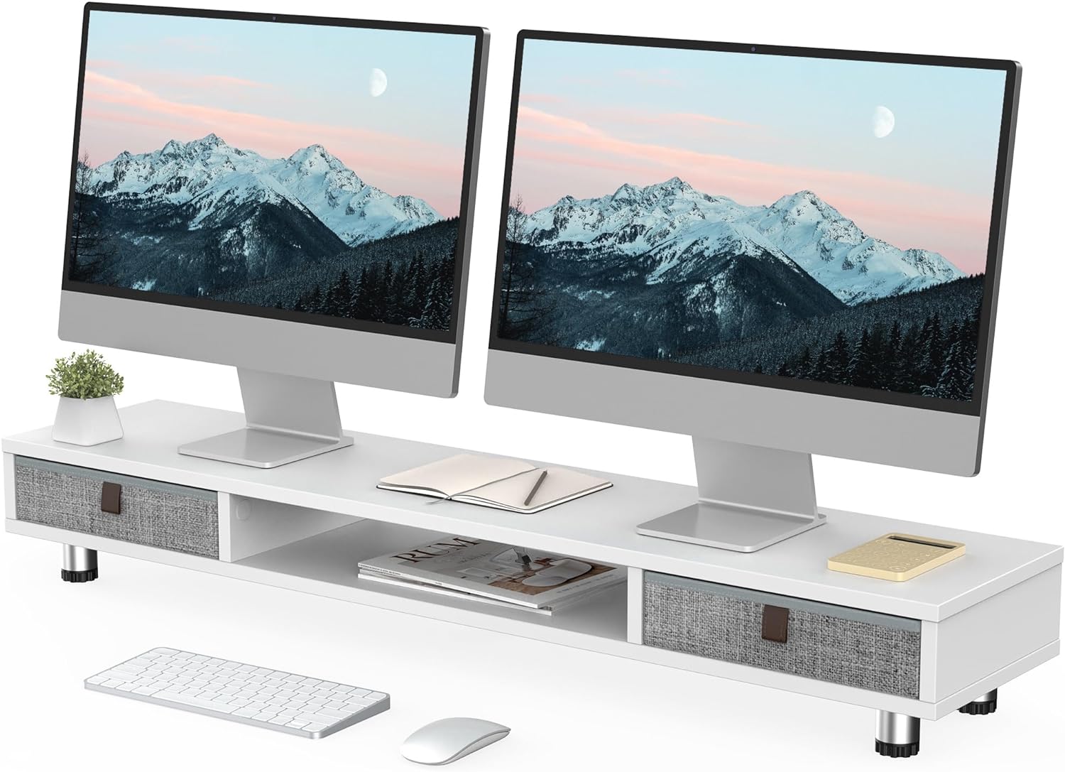 FENGE Monitor Stand, Dual Monitor Stand with 2 Drawers, Monitor Riser ...