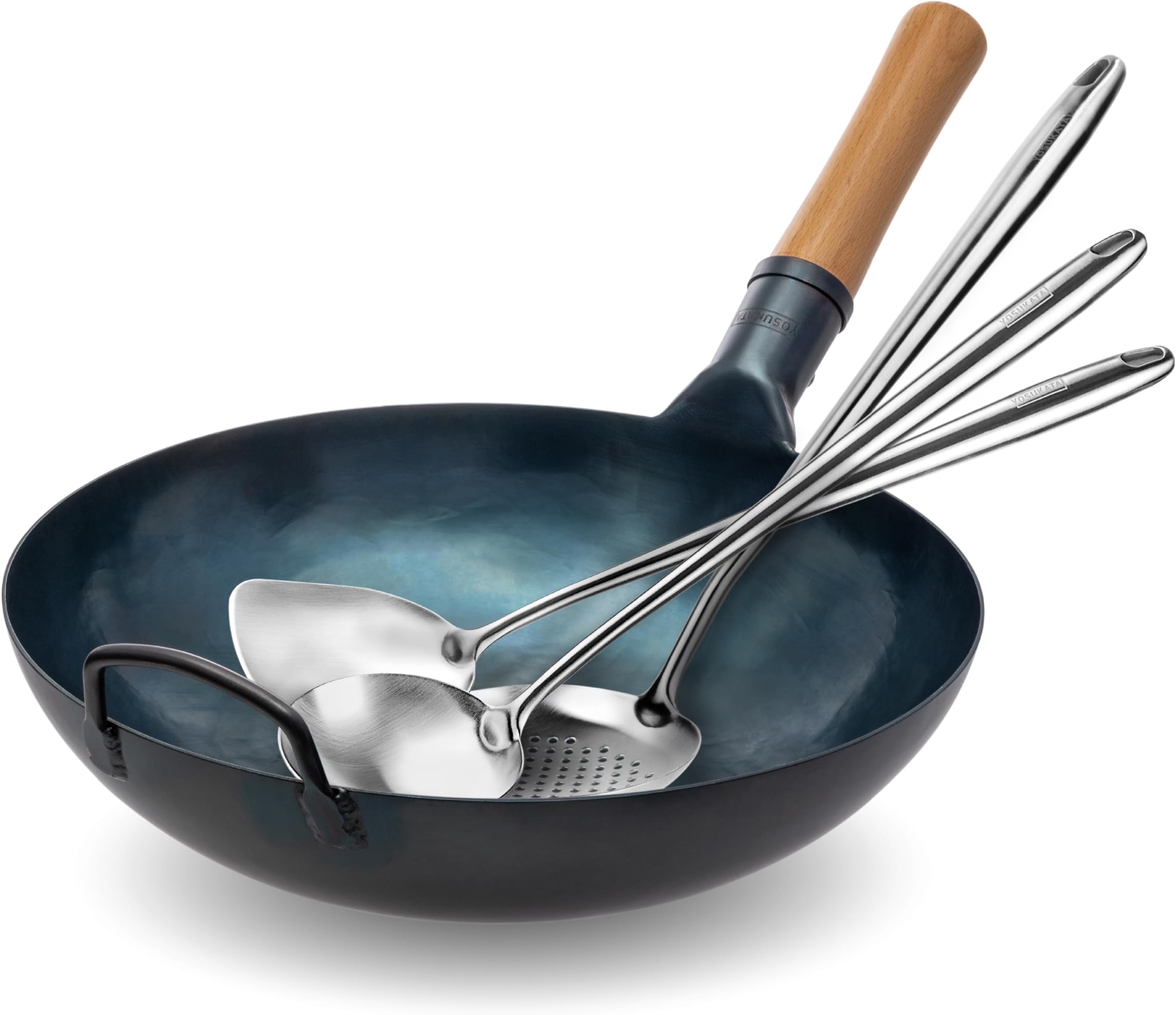 Amazon.com: YOSUKATA Flat Bottom Wok Pan - 13.5" Blue Carbon Steel Wok ...
