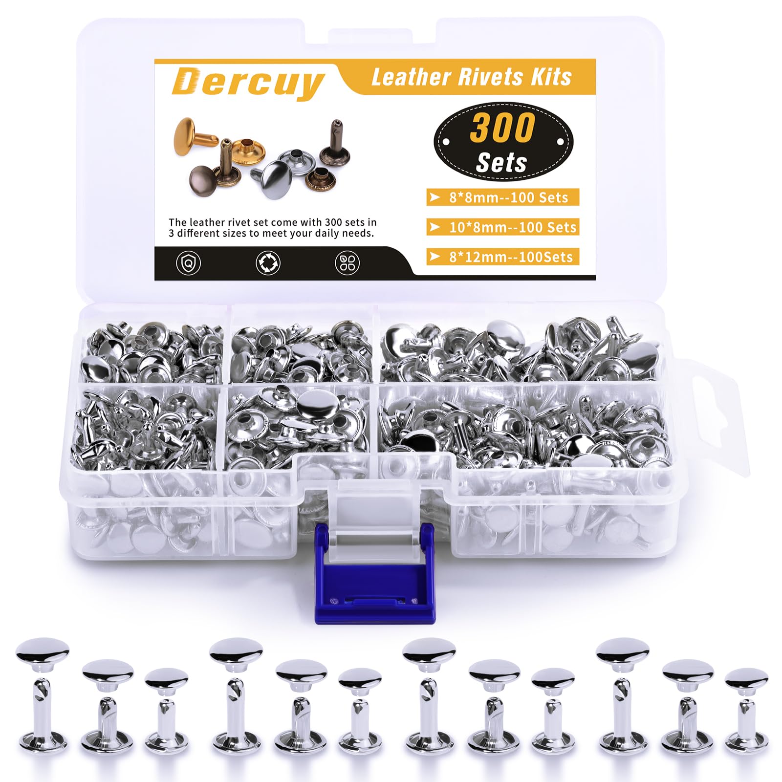 Amazon.com: Dercuy 300 Sets Leather Rivets,3 Sizes Tubular Metal Rivets ...