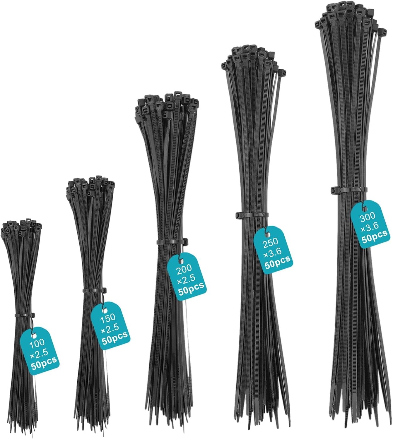 300 Pcs Black Cable Ties Assorted Sizes 100/150/200/250/300mm Mixed ...