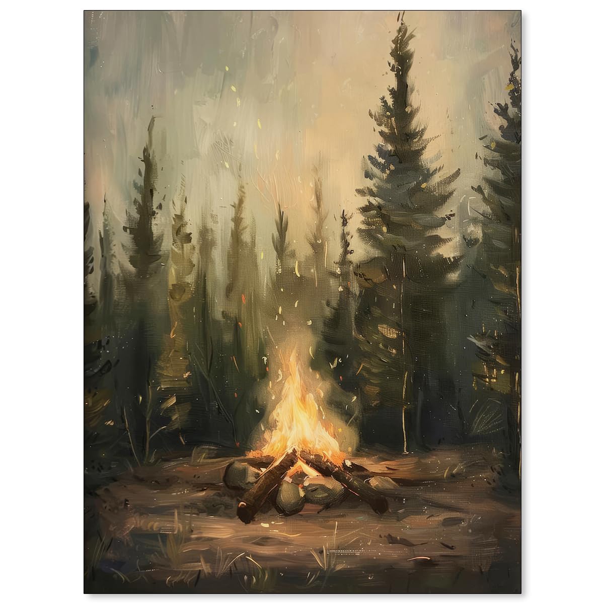 Amazon.com: Vintage Forest Rustic Campfire Canvas Wall Art Moody Pine ...