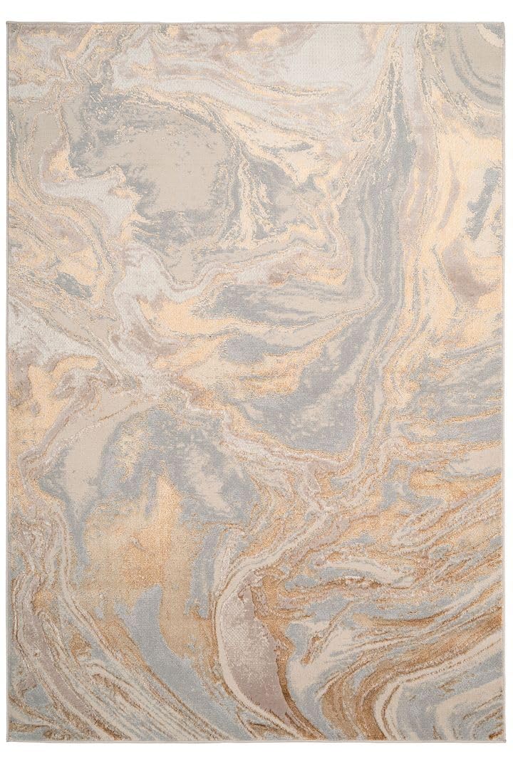 Modern Gold Metallic Marble Area Rug Plush Neutral Cream Grey Abstract ...