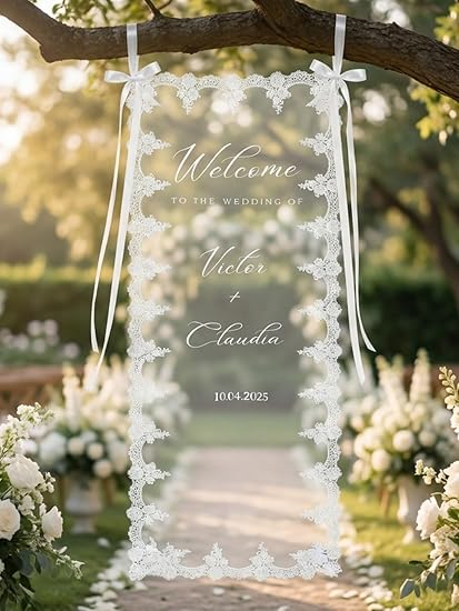 Amazon.com: Personalized Sheer Wedding Fabric Welcome Sign with Lace ...