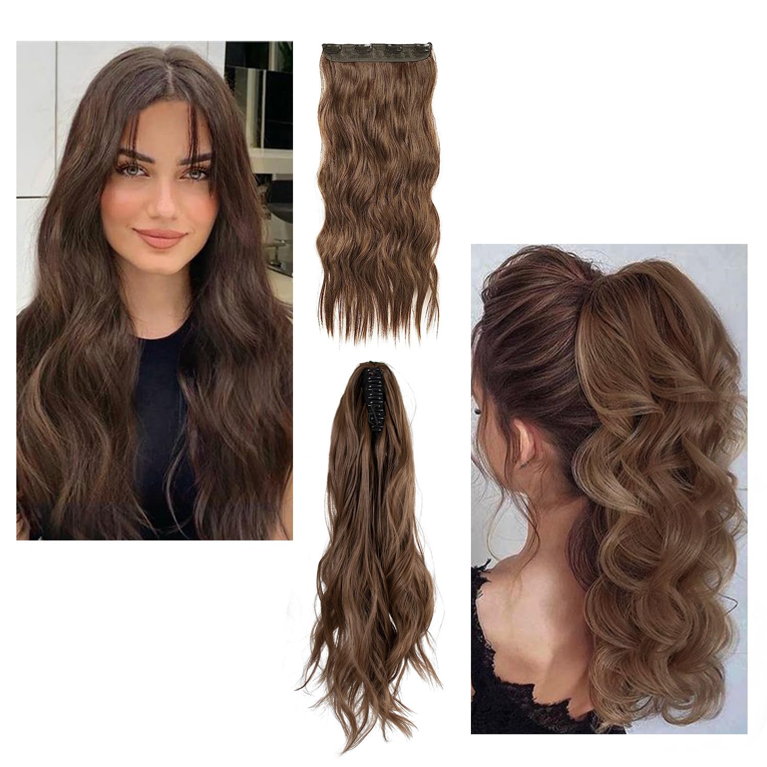 Amazon.com : yiluhuanxiao Brown Clip Hair Extensions and Claw Ponytail ...