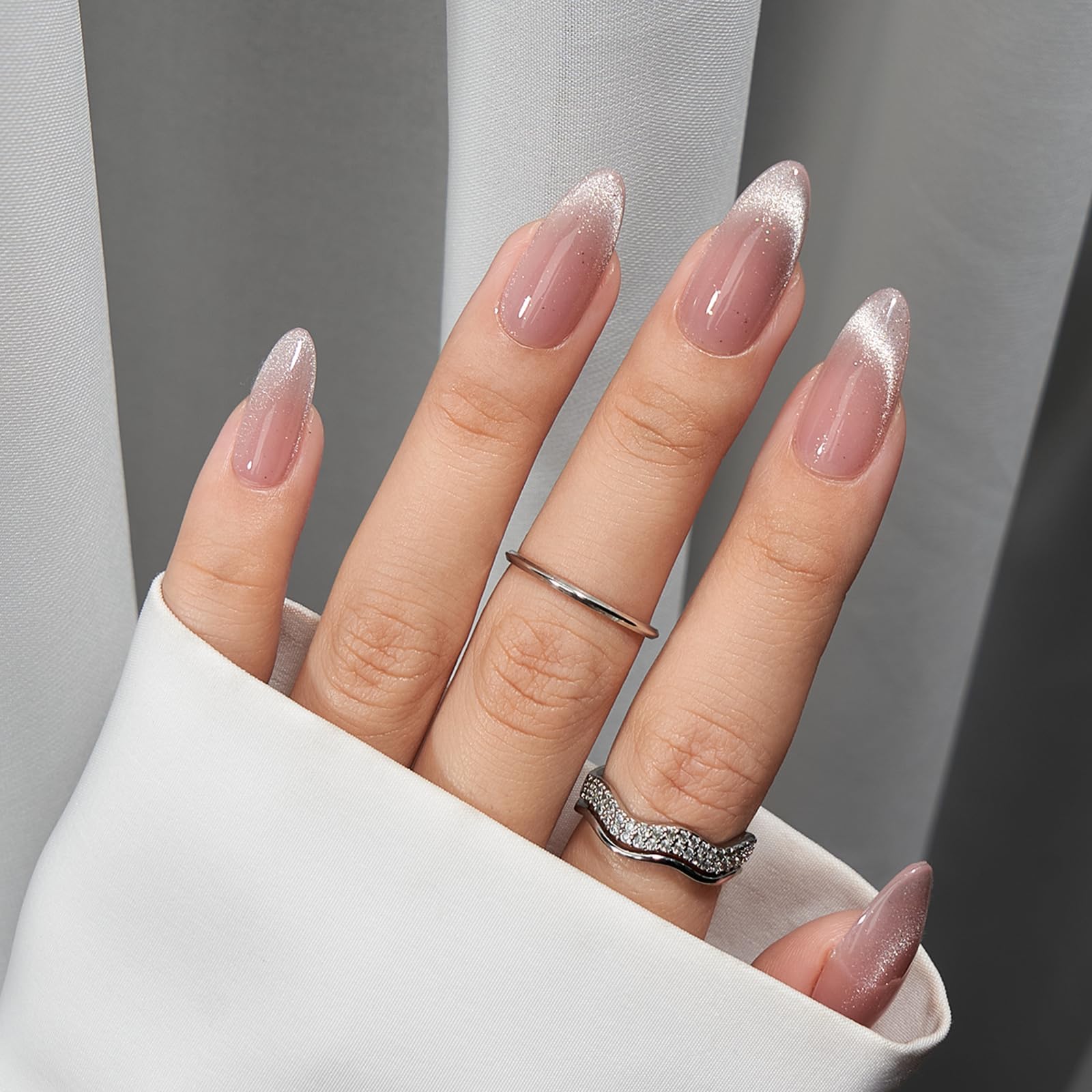 Amazon.com: BTArtbox Press On Nails Almond - French Tip Press on Nails Cat Eye, Medium Soft gel ...