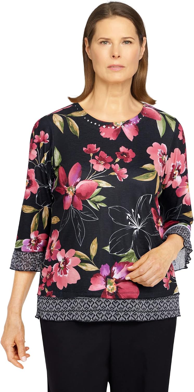 Alfred Dunner Women's Petite Womens Crewneck Three-Quarter Flutter ...