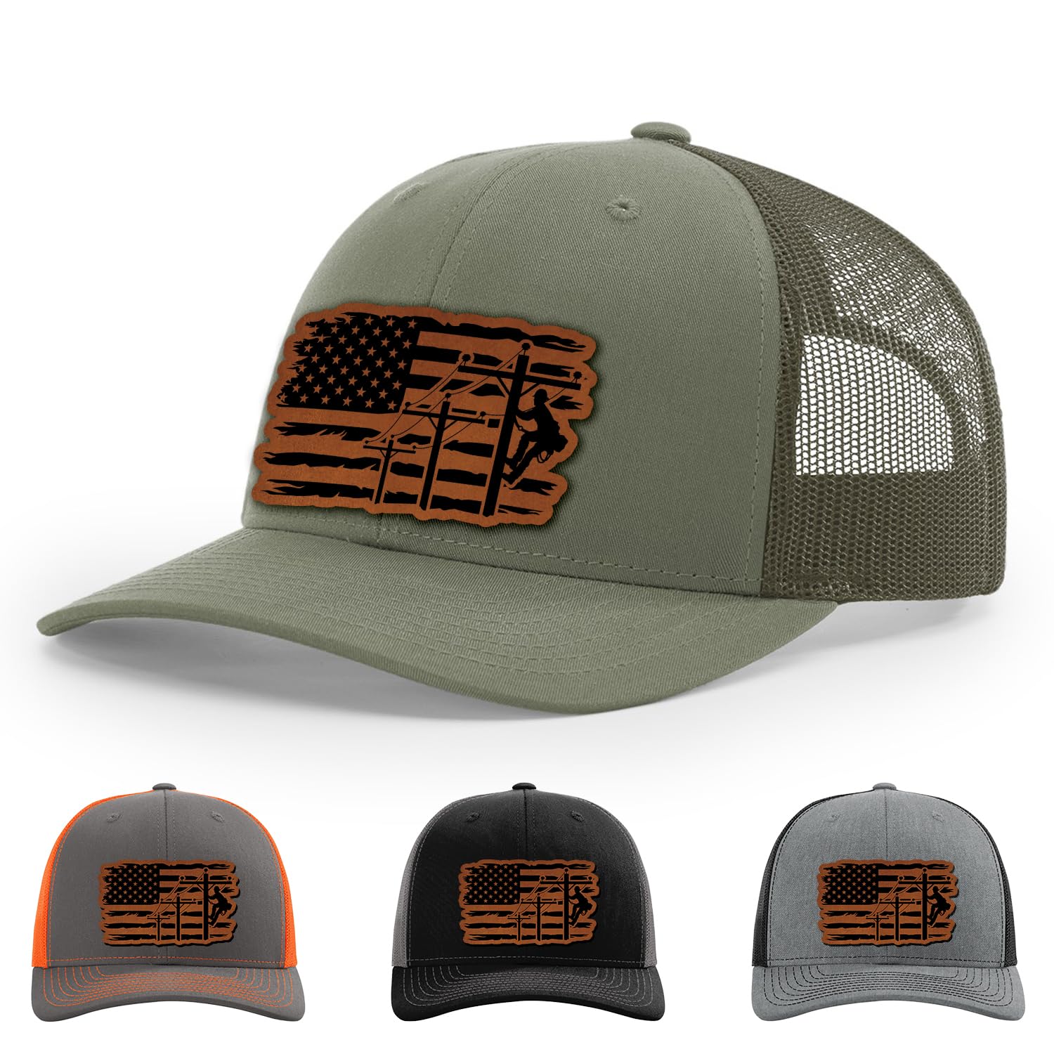 Amazon.com: Lineman American Flag Hat, 112 Style Trucker Leather Patch ...