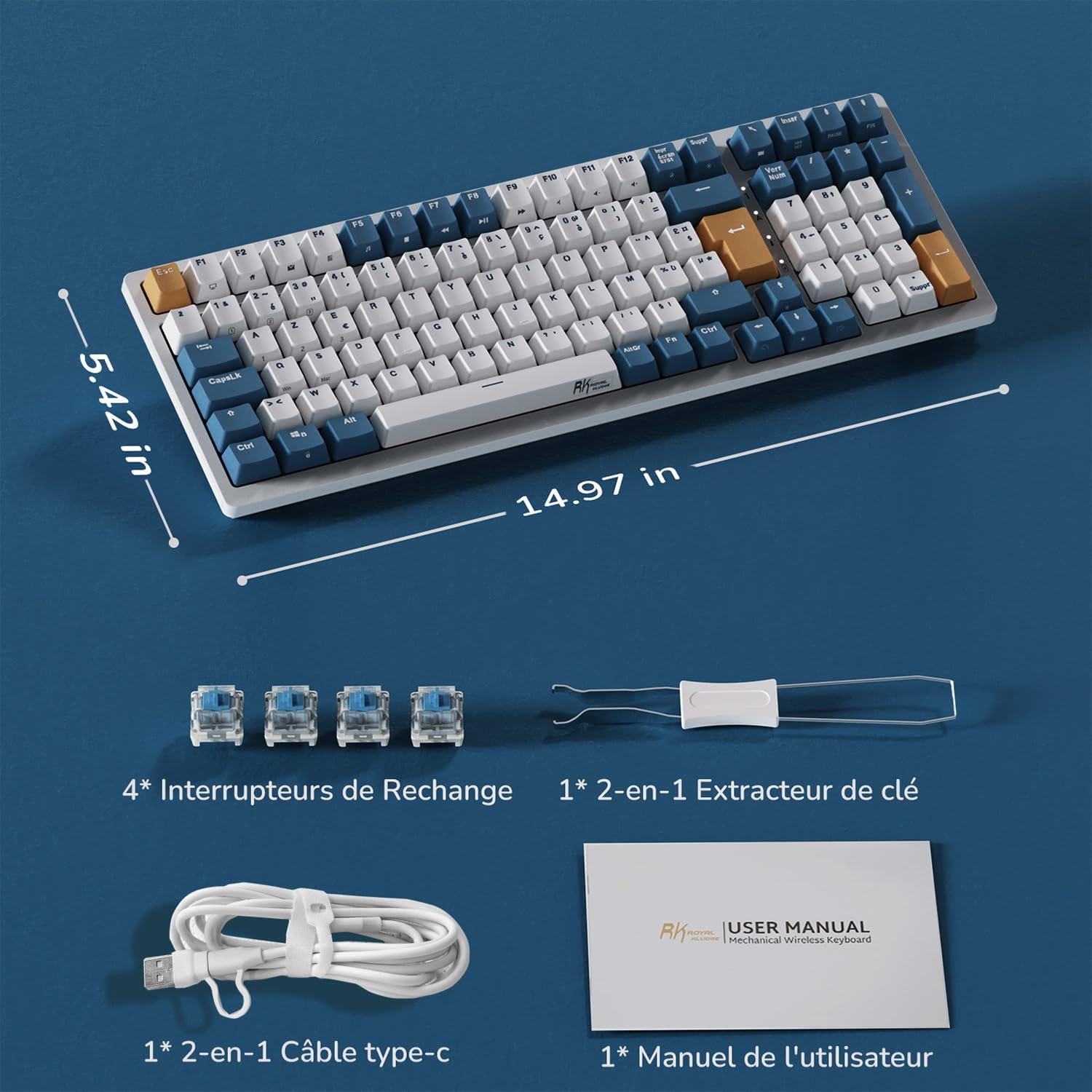 RK ROYAL KLUDGE RK98 Triple Mode Mechanical Gaming Keyboard 2.4G/BT5.1 ...