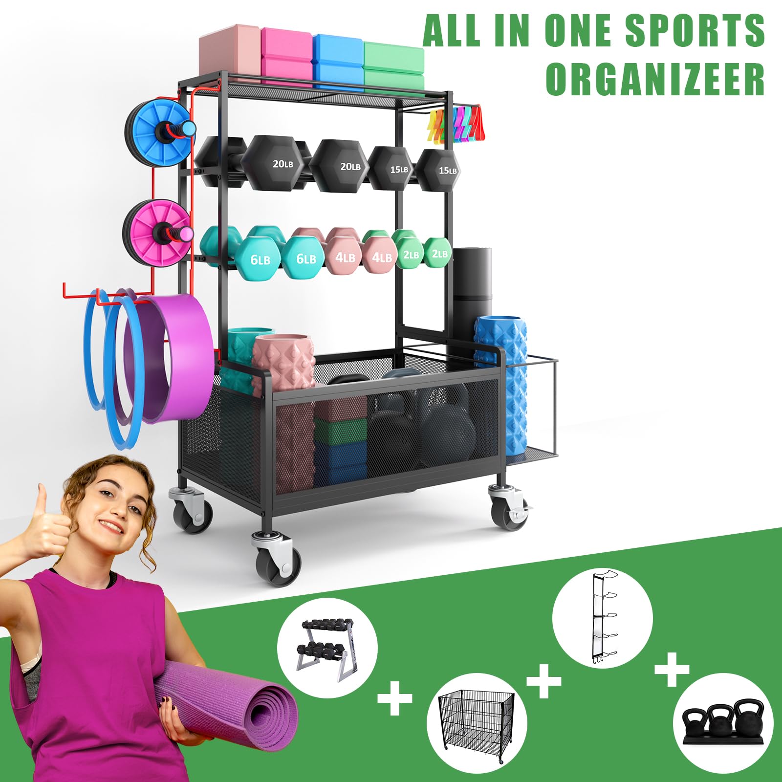 Dumbbell Rack Home Gym Rolling Storage Rack Foam Roller Yoga Mat ...