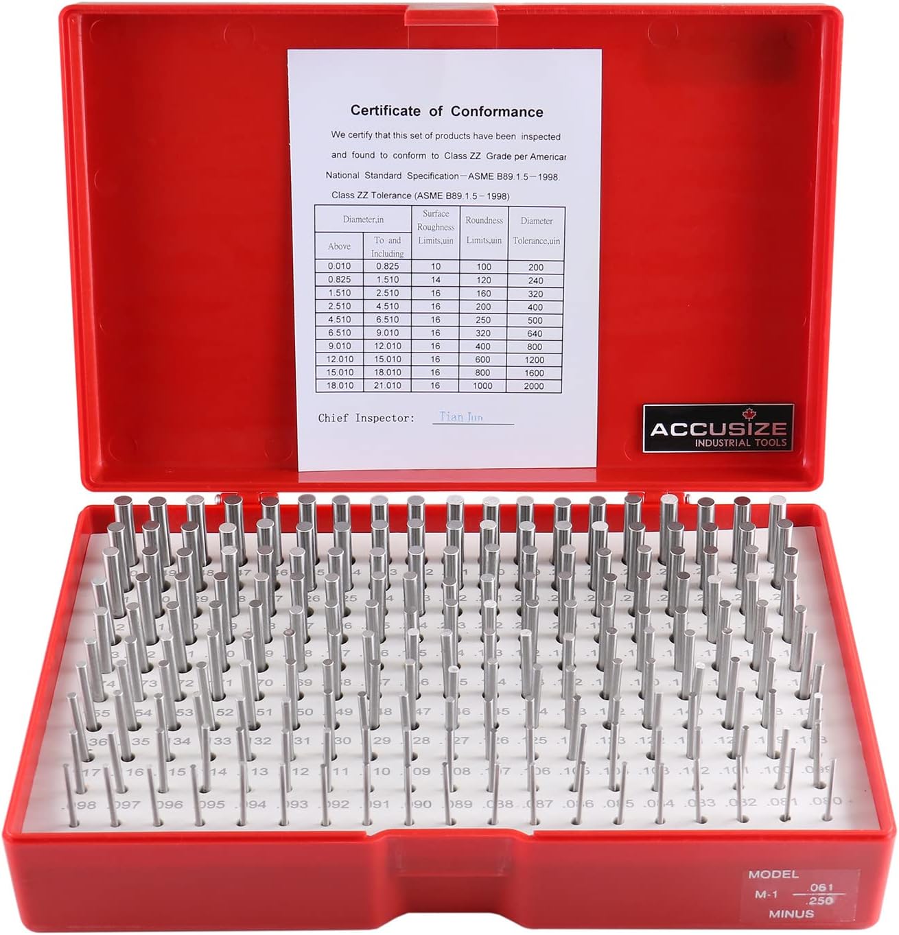 Accusize - 190 Pcs/Set M1(-) 0.061'' - 0.250'' Steel Plug Pin Gage Set ...