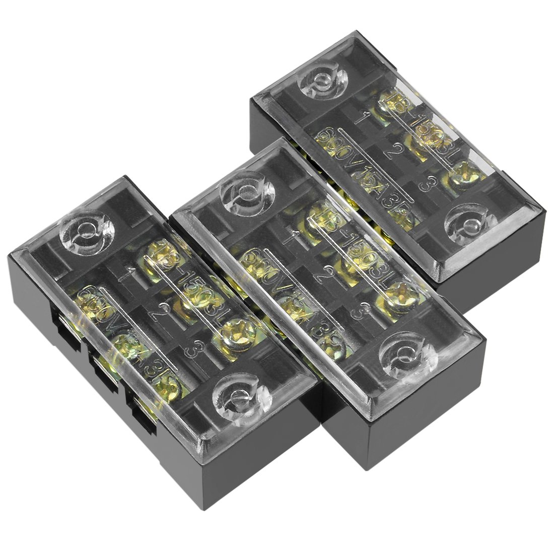 uxcell 3 Pcs 3 Positions Dual Rows 600V 15A Wire Barrier Block Terminal ...