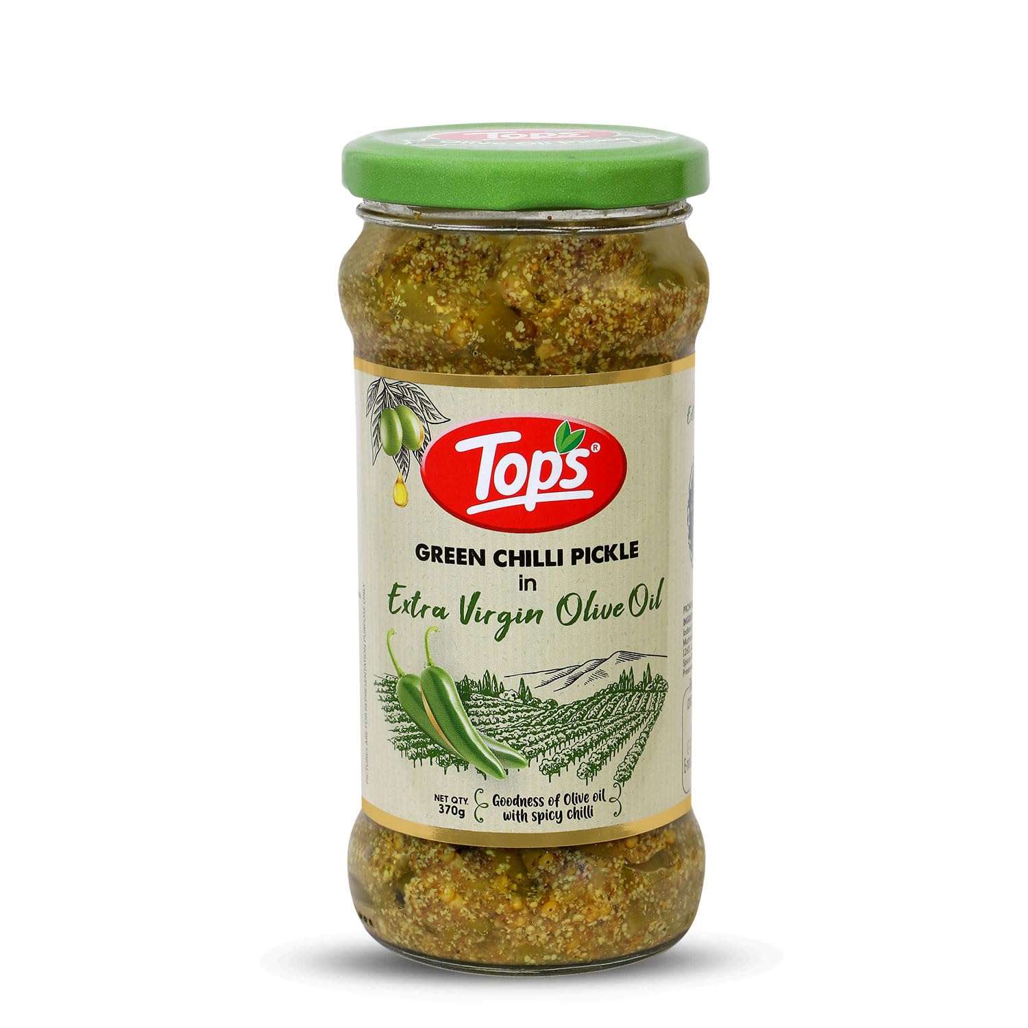 TOPS Olive Oil Green Chilli Pickle -370 gm Glass Jar | flavourful green ...