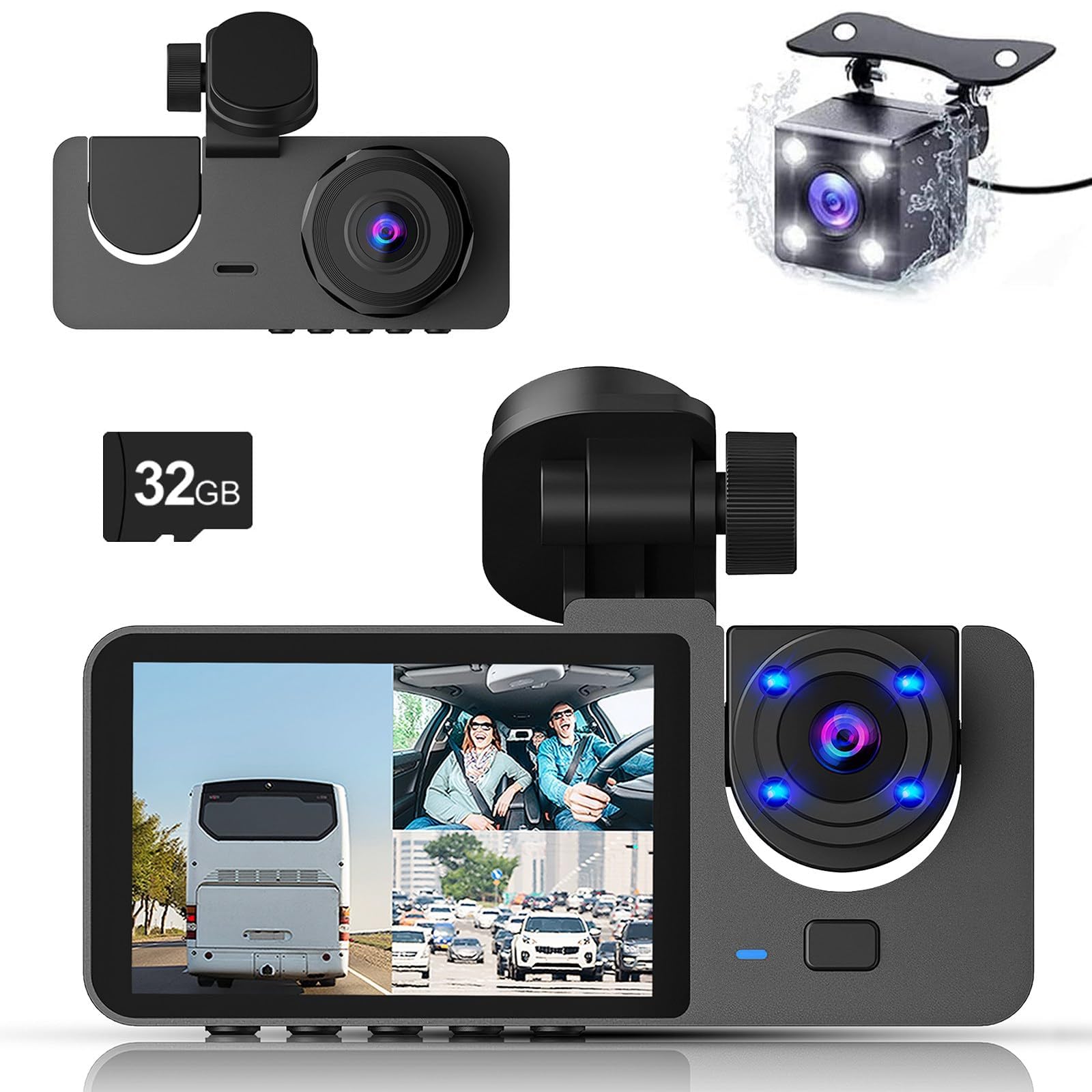 3 Channel Dash Cam Front and Rear Inside, 1080P FHD Dash Camera for ...
