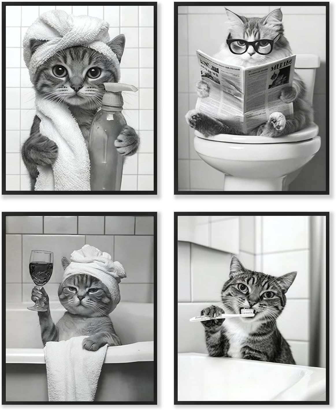 Dazzlewall 4pcs Funny Cat Wall Art Picture, Quirky Bathing Bathtub Cat ...