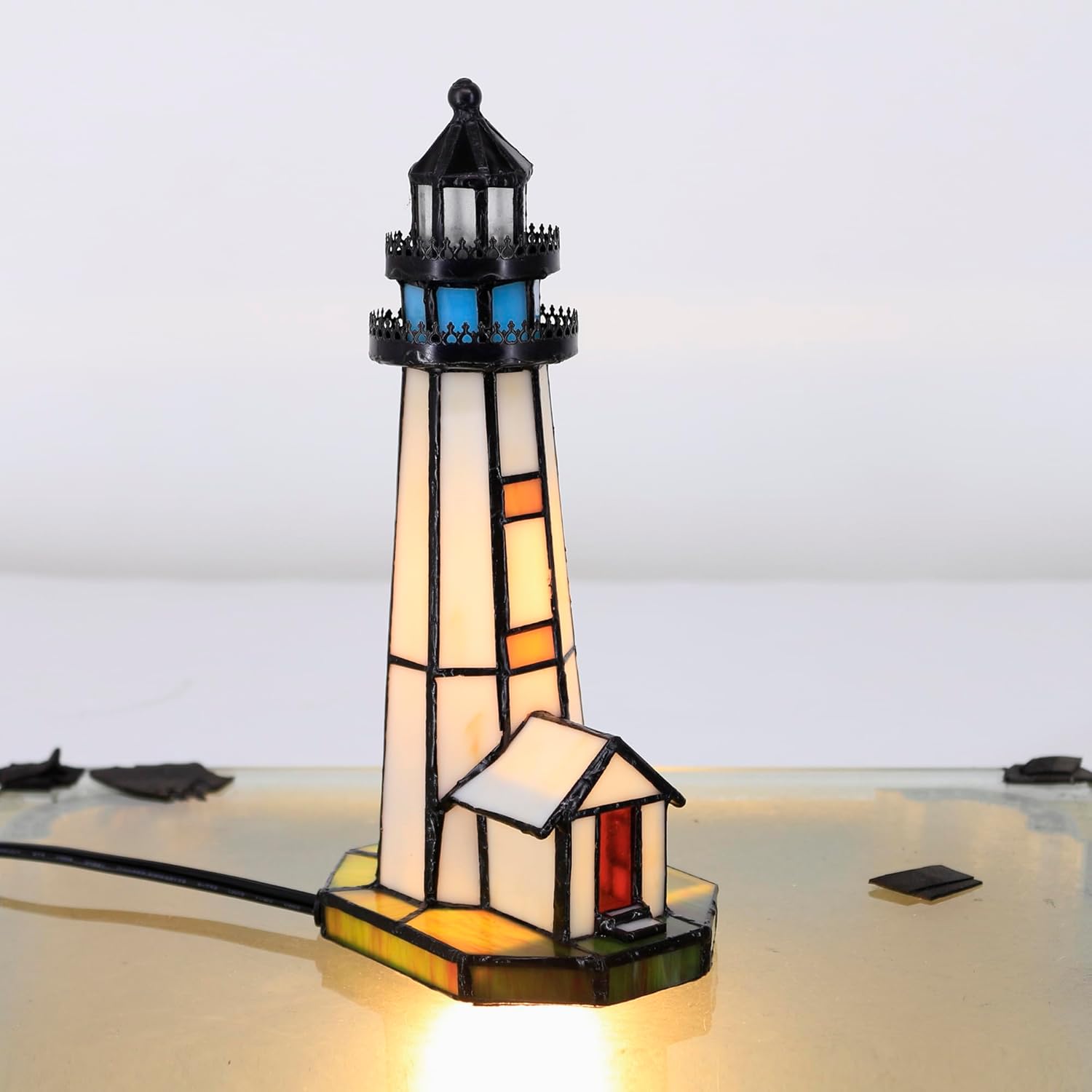 ANYONGLU Small Tiffany Lighthouse Stained Glass Accent Table Lamp Night ...