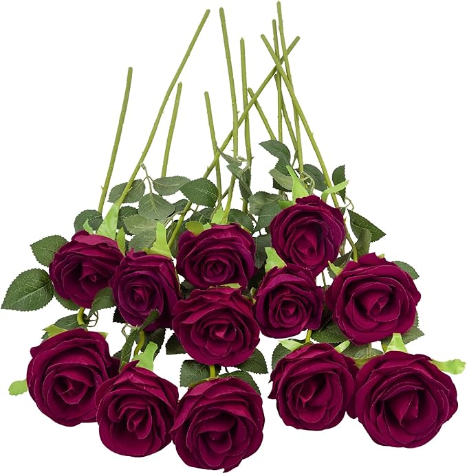 Woltoy 12 Pcs Dark Red Artificial Velvet Roses, Real Touch Fake Rose ...