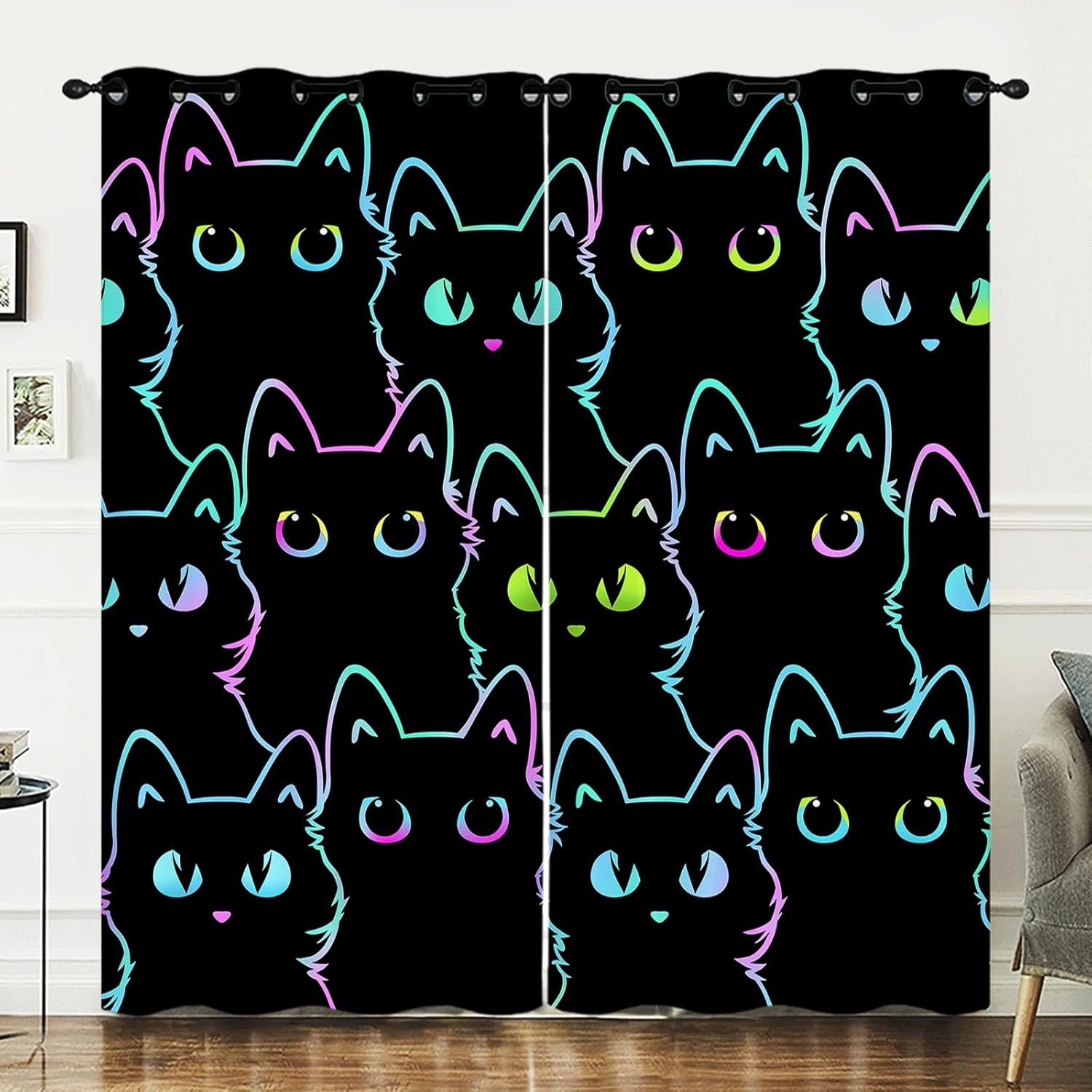 Amazon.com: Axolotl Cartoon Cat Window Curtains Cute black Cats ...