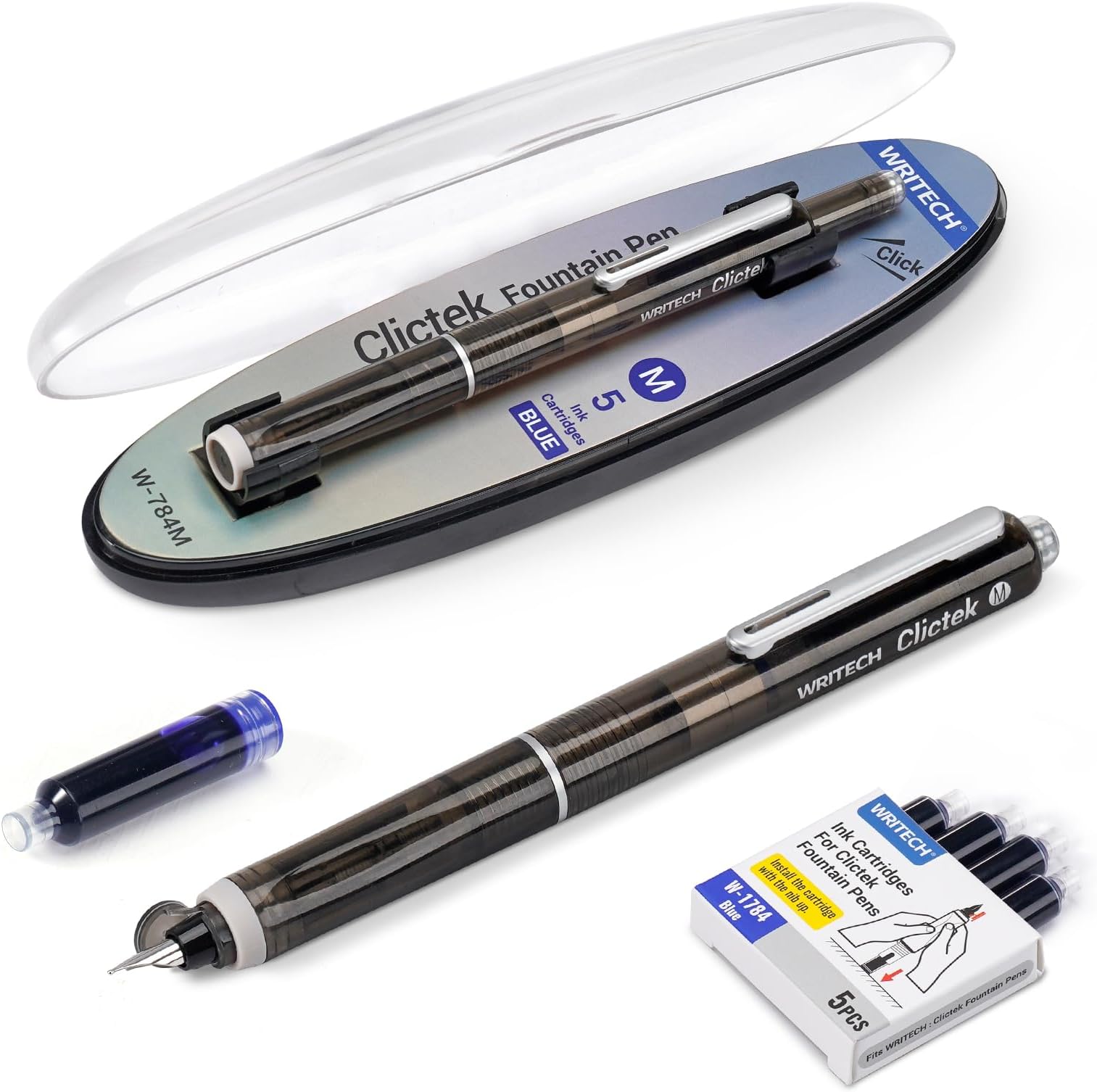 WRITECH Clictek Fountain Pen Retractable: Medium Nib Blue Ink ...