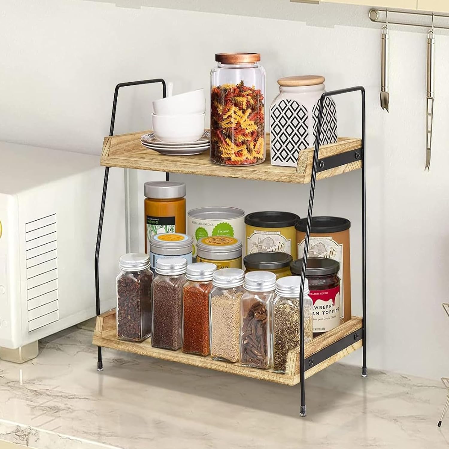 Countertop Coffee Station Organizer 2 Tier Wooden Kitchen Counter Shelf ...