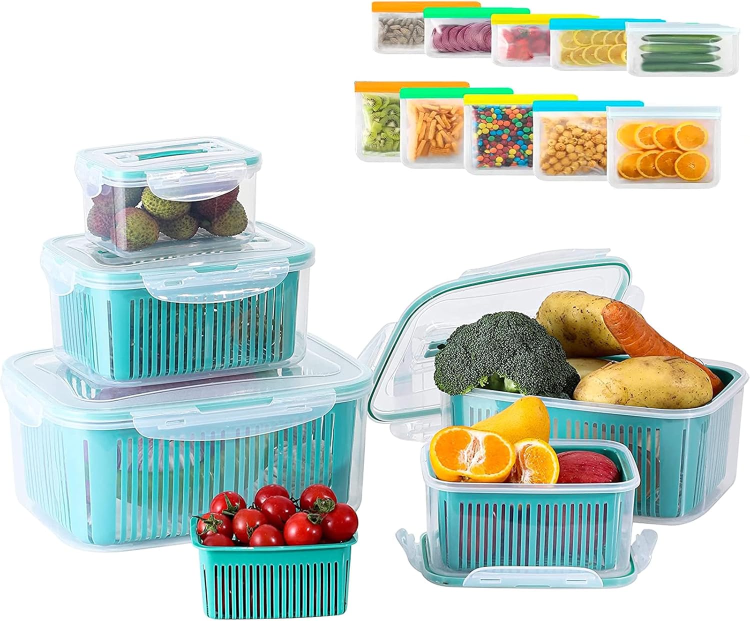 5 Pack Large Fruit Containers for Fridge with 10 Pcs Silicone Food ...