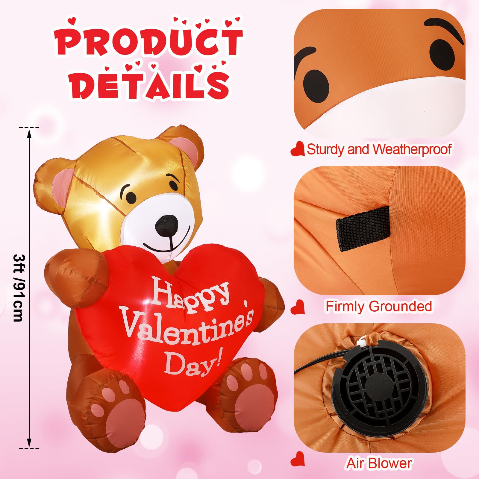 Poen 3 ft Valentine Day Inflatables Bear Outdoor Decorations with Heart ...