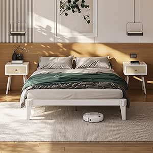 Amazon.com: Bme Chalipa Ivory White Queen Bed Frame - Solid Wood Platform Bed - Wood Slat ...