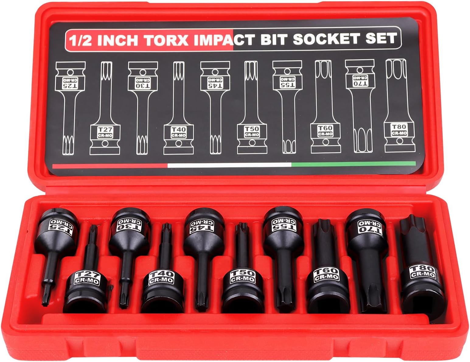 KIRXST 1/2 Inch Impact Torx Bit Socket Set, T25 - T80, 10 Piece 1/2 ...
