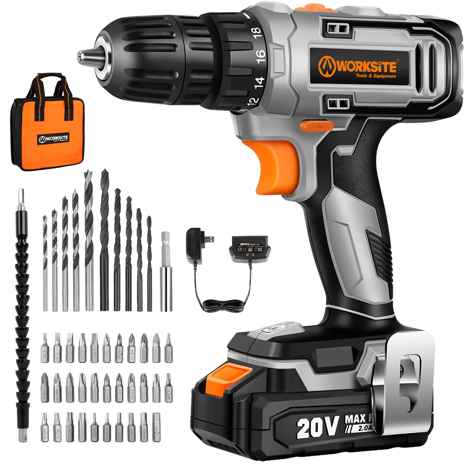 Amazon.com: WORKSITE Cordless Drill, 3/8" Impact Drill Driver Set with ...