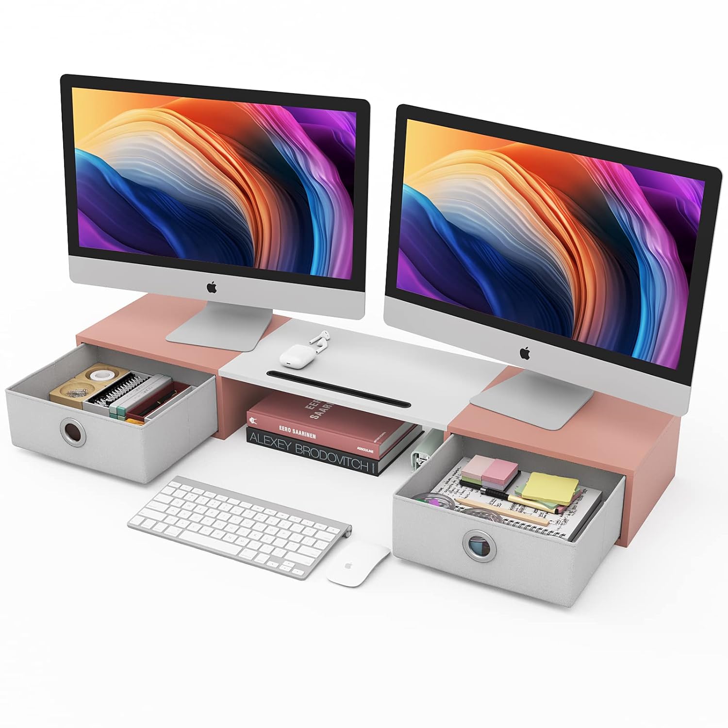 WESTREE Dual Monitor Stand Riser with Two Drawers, Extra Large Storage ...