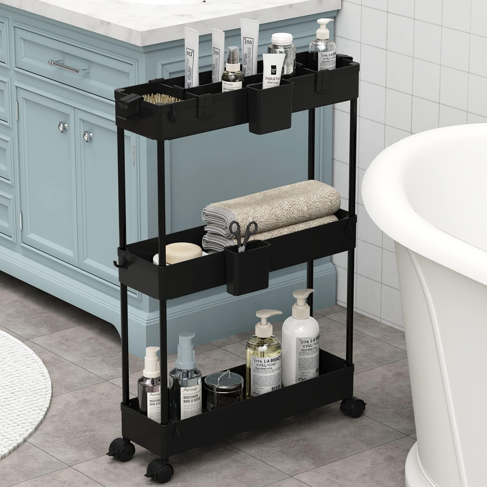 SPACEKEEPER Storage Trolley 3-Tier Rolling Utility Cart Storage ...