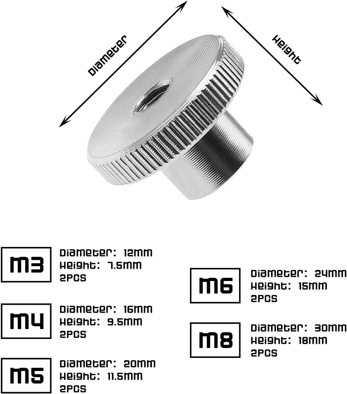 10Pcs of M3 M4 M5 M6 M8 Knurled Thumb Nuts Round Hand Grip Knobs Female Threaded 304 Stainless ...