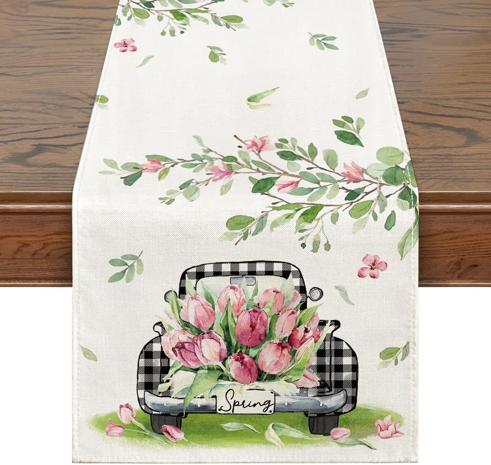 Amazon.com: Siilues Spring Summer Table Runner, Tulips Truck Spring ...