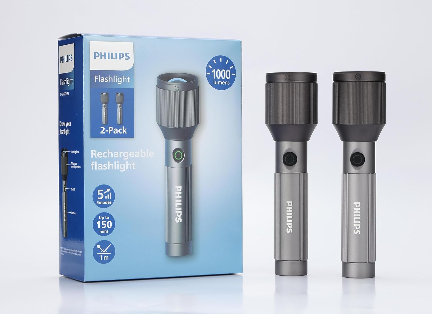 PHILIPS 24W Torch Light Zoomable, 2000mAh Handheld Flashlight ...
