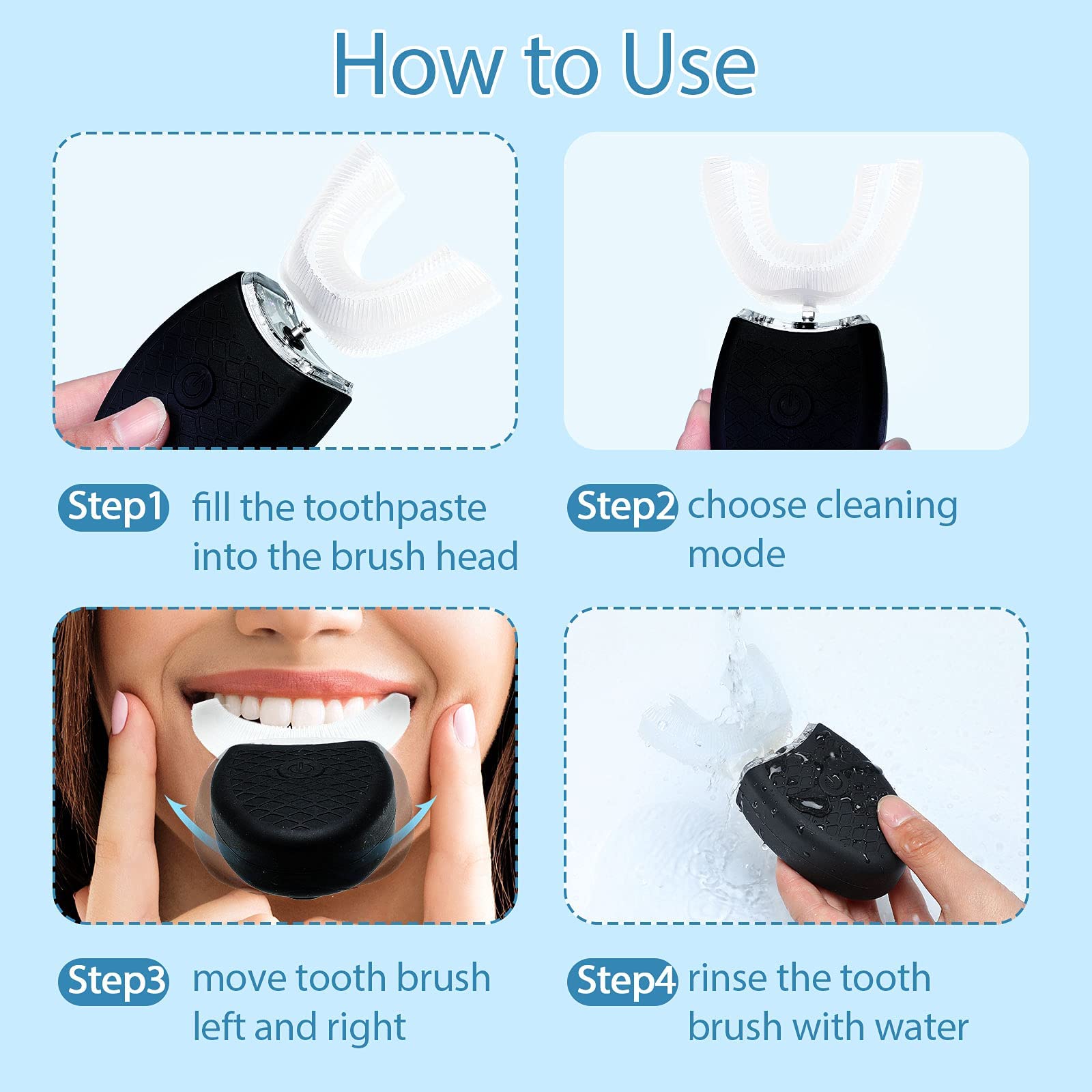 Cunhill 2 Pieces Ultrasonic Electric Toothbrush for Adults, U Shaped ...