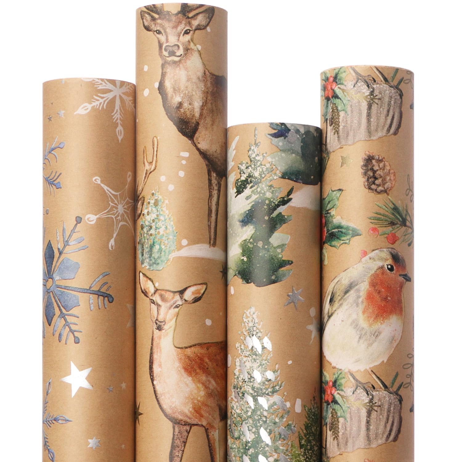 Amazon.com: Ribbli 4 Rolls Christmas Wrapping Paper Vintage Kraft ...