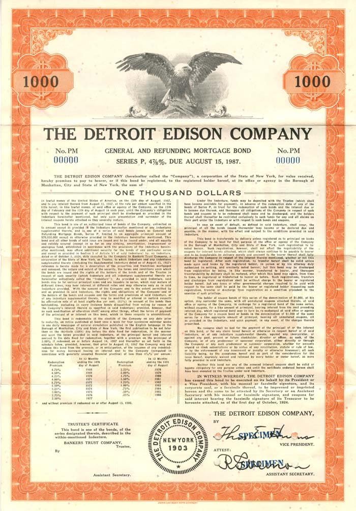 Amazon.com: Detroit Edison company $1000 Bond : Collectibles & Fine Art