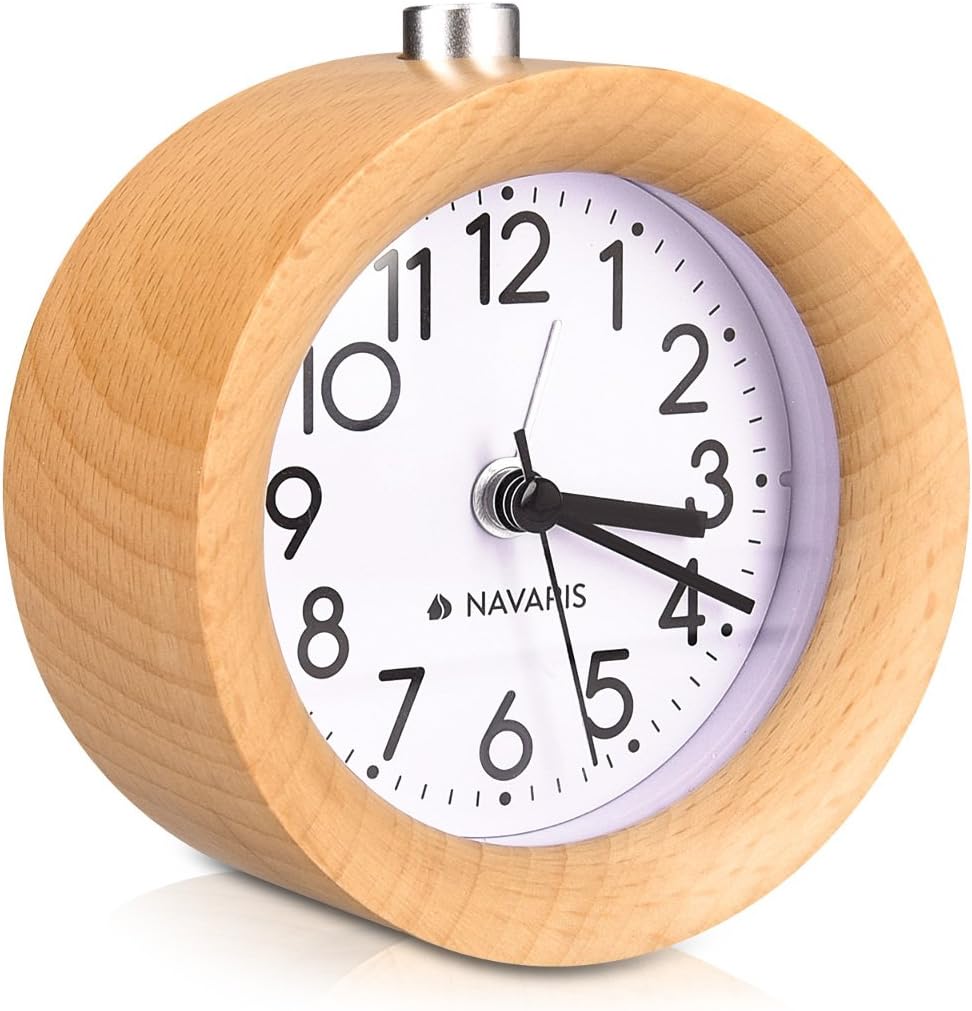 Navaris Analogue Wood Alarm Clock - Retro Round Wooden Table Clock with ...