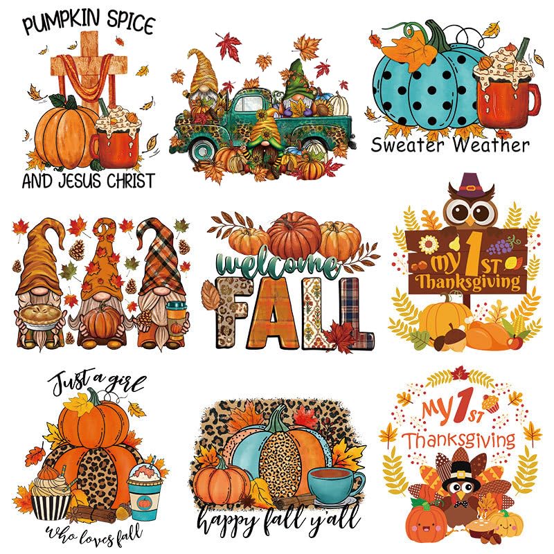 Amazon.com: 9 Sheets Fall Iron On Transfers for T-Shirts,Thanksgiving ...