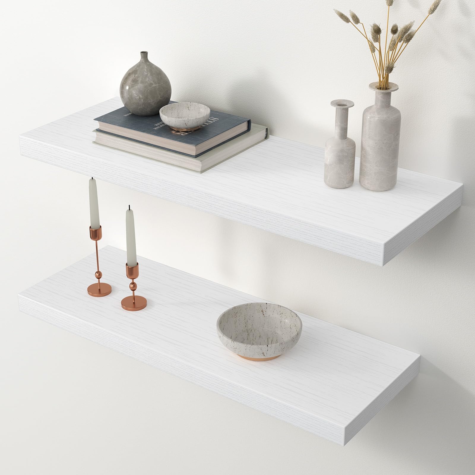 Set of 2 White Floating Shelves (60cm) with Decorative Plant - Stylish ...