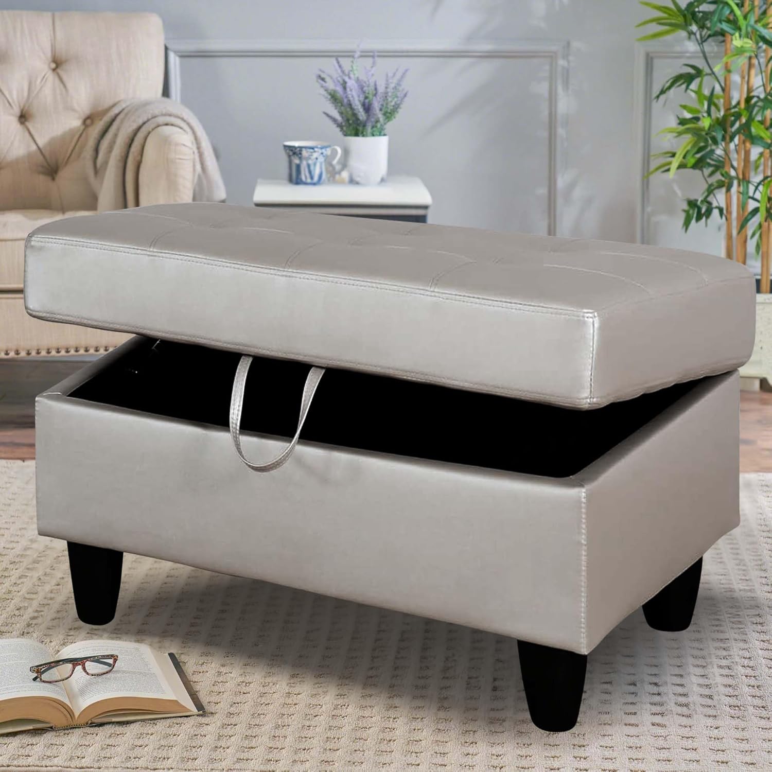 Amazon.com: SumKea 35'' Ottoman with Storage, Leather Ottoman Foot Rest ...