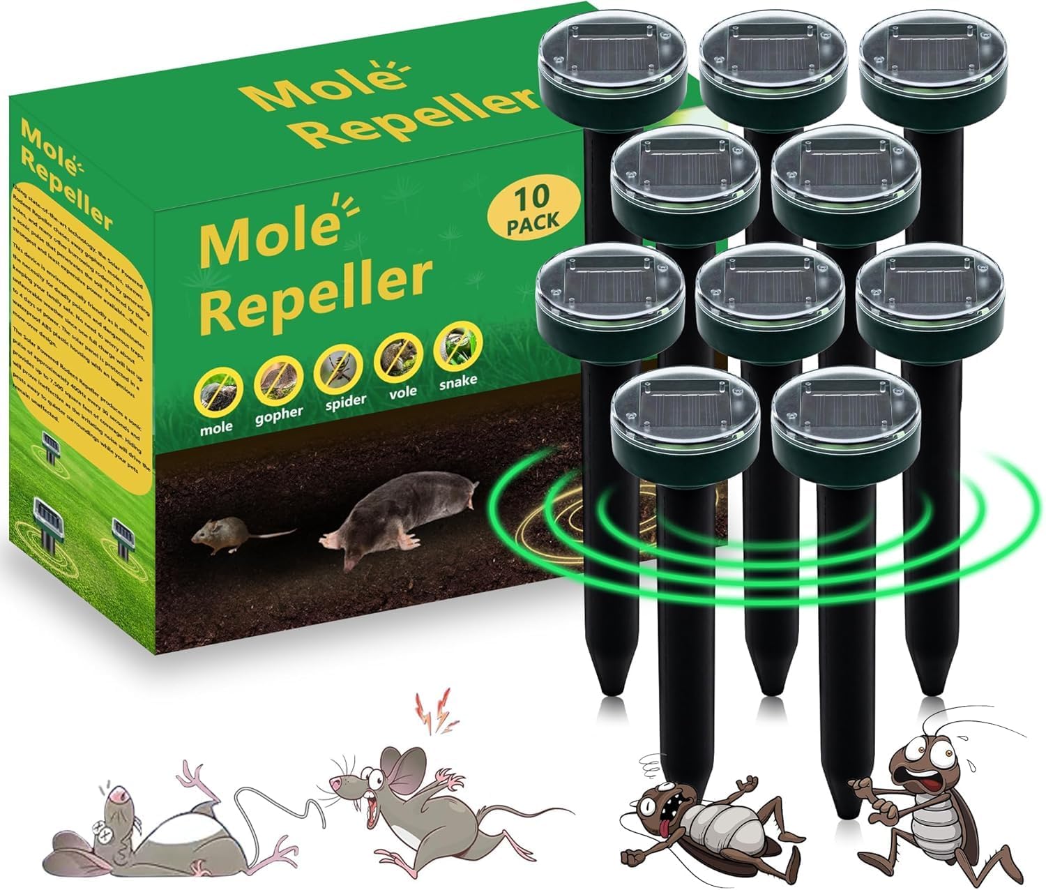 Amazon.com: 10pk Mole Repellent Outdoor Ultrasonic Solar Powered ...