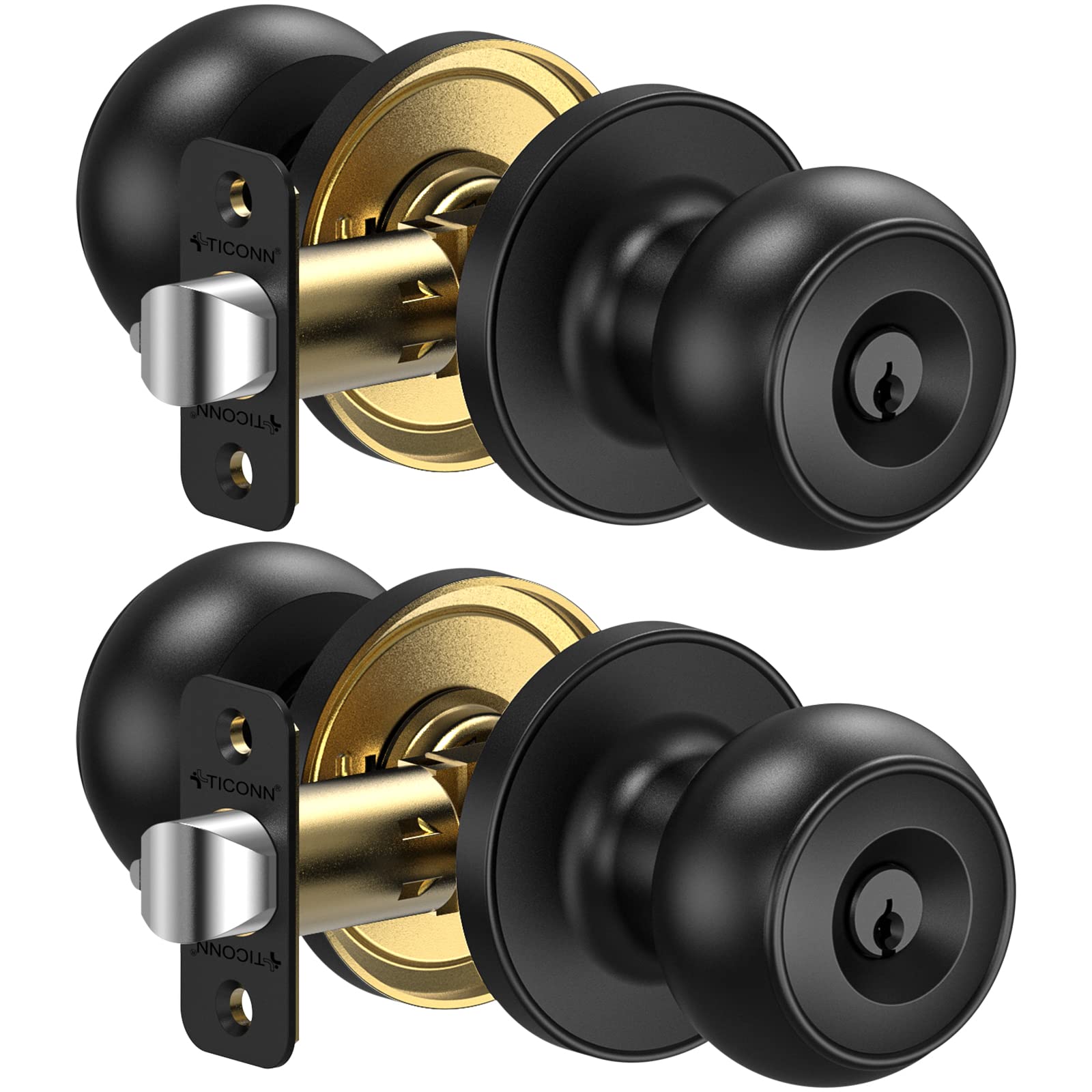 TICONN Round Door Knobs, Ball Door Knob with Dead Bolt, Door Handle ...