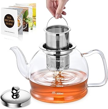 Teekanne Glas 1.5L, Teekanne mit Siebeinsatz, STNTUS Glaskanne mit ...