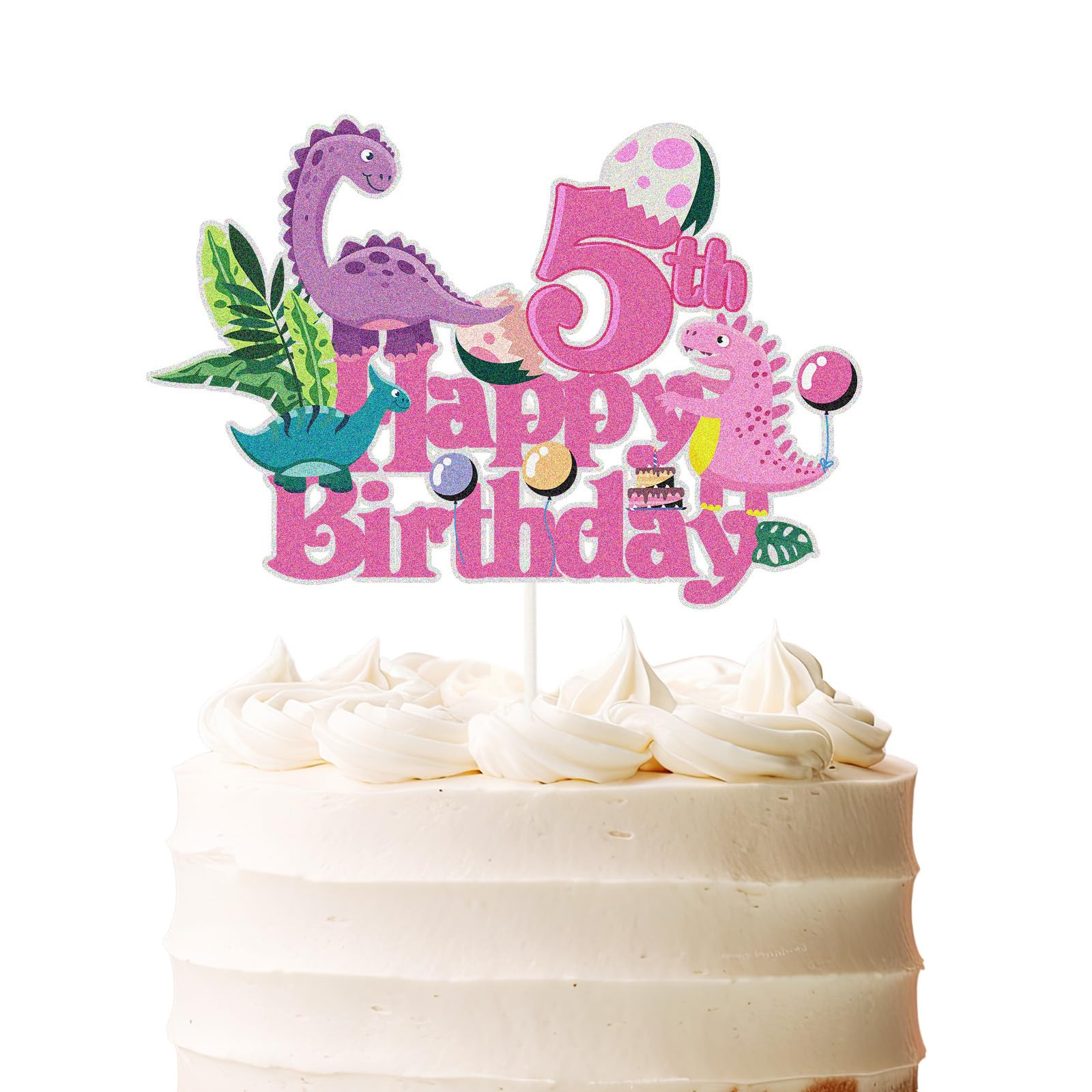 Amazon.com: Pink Dinosaur Happy 5th Birthday Cake Topper, Royal Princess Five Birthday Number 5 ...