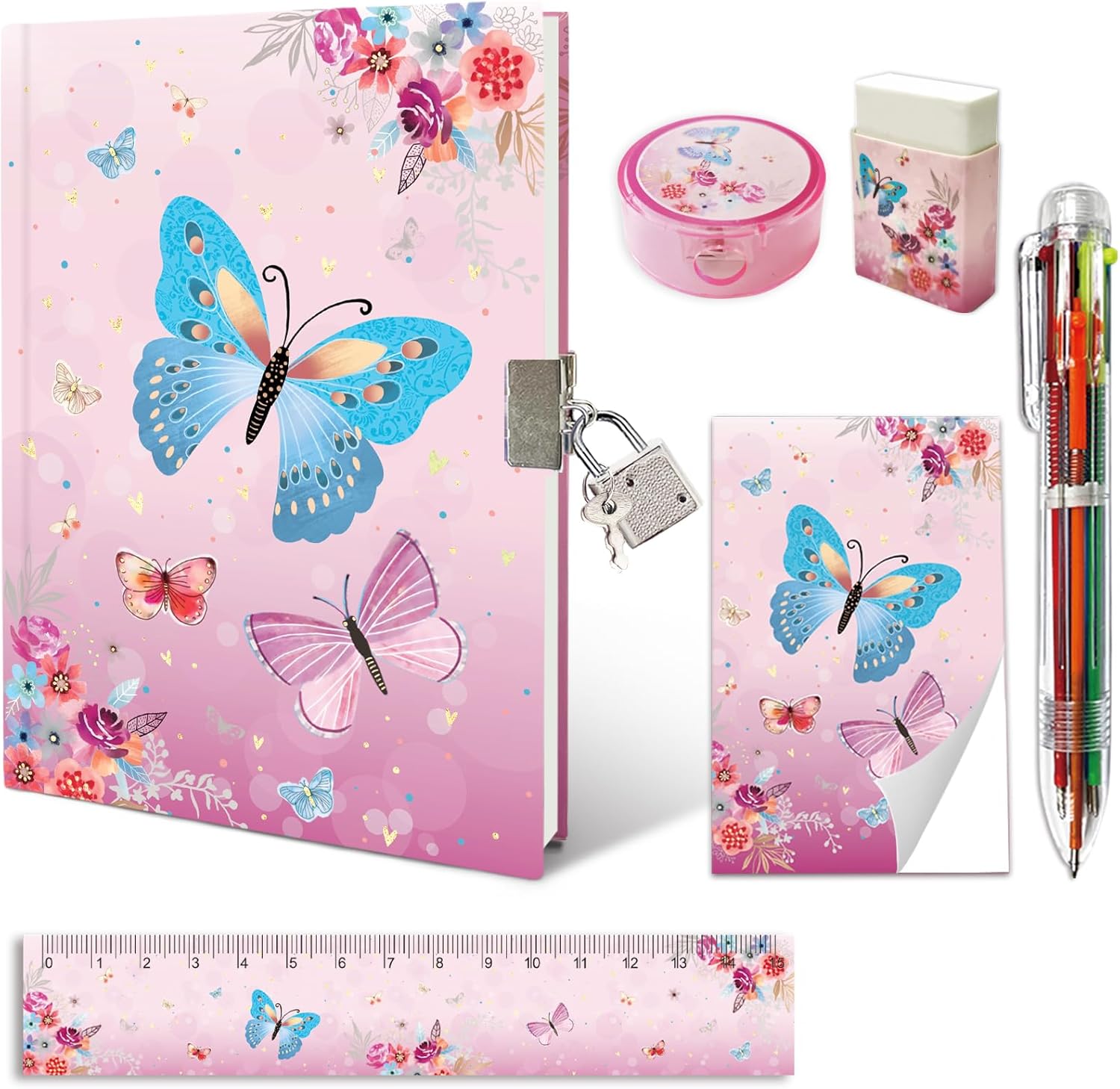 Girls Diary with Lock, Kids Notebook Stationary Set Incl. Butterfly ...